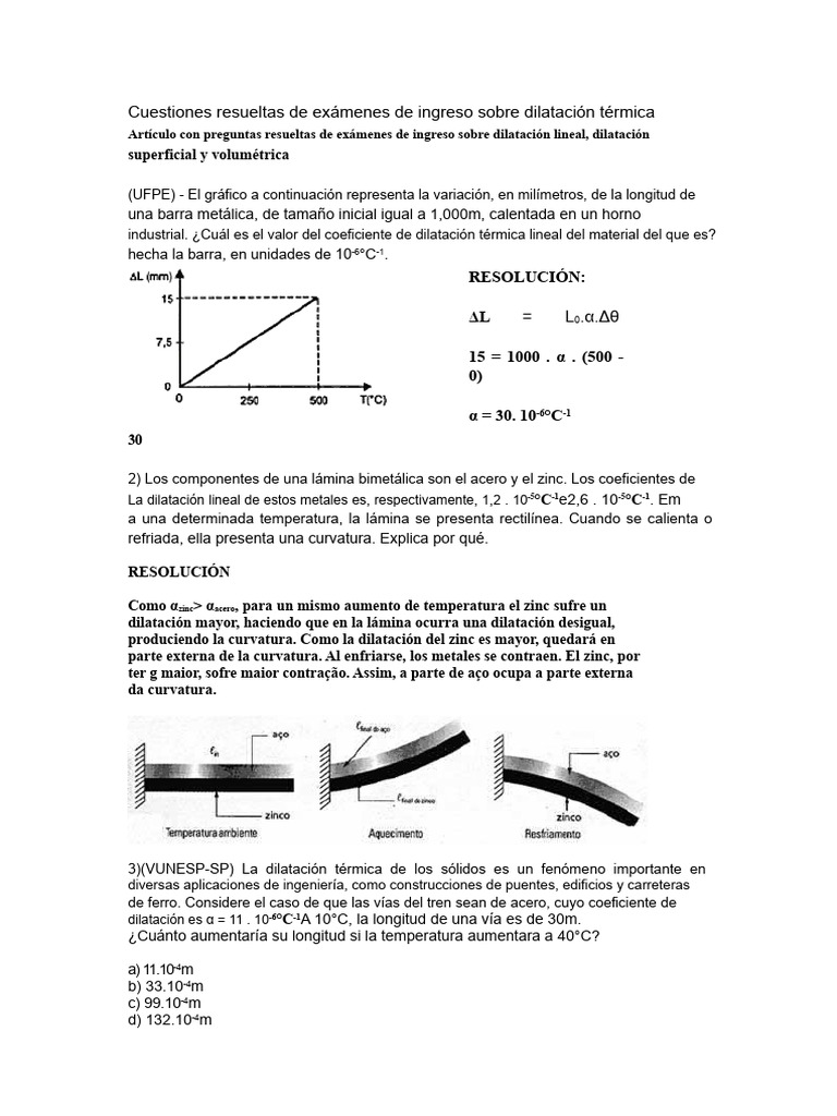 Cuestiones Resueltas de Exámenes de Ingreso Sobre Dilatación Térmica ...
