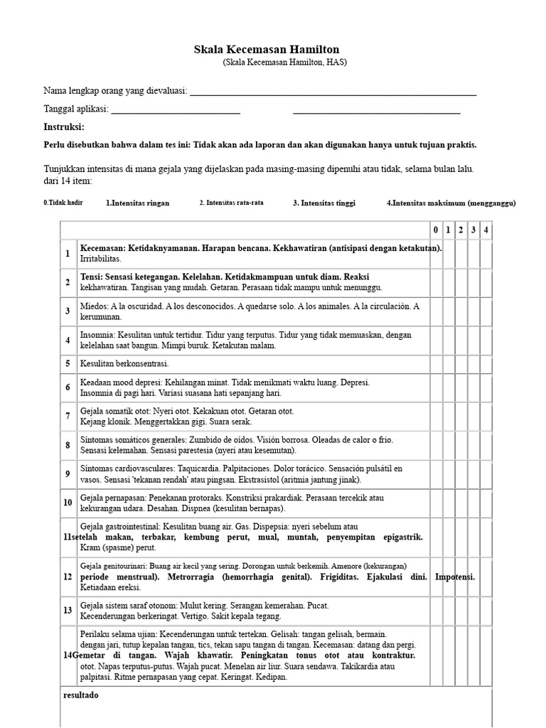 Format Skala Kecemasan Hamilton LMSG 2016 | PDF