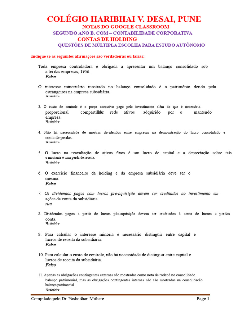 MCQ Sobre Empresa Controladora | PDF | Dividendo | Patrimônio de marca ...