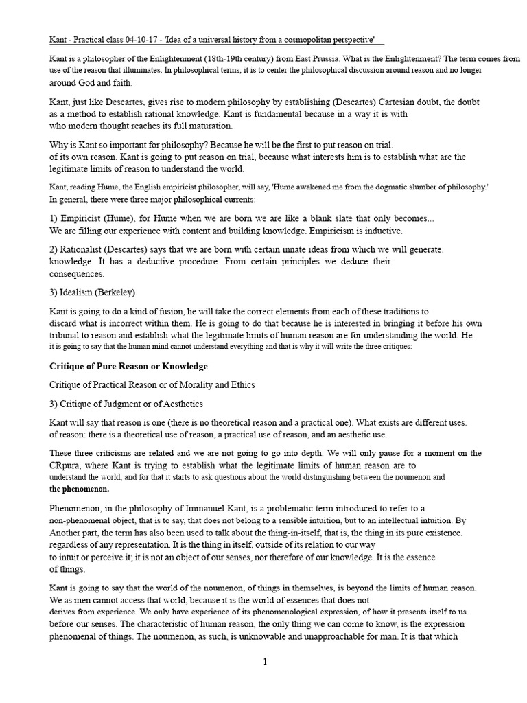 "Idea of a universal history in a cosmopolitan sense" I. Kant | PDF ...