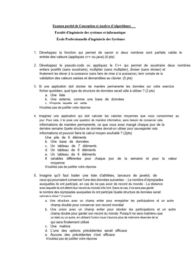 Examen sur les Algorithmes et Structures de Données | PDF | Bases de ...