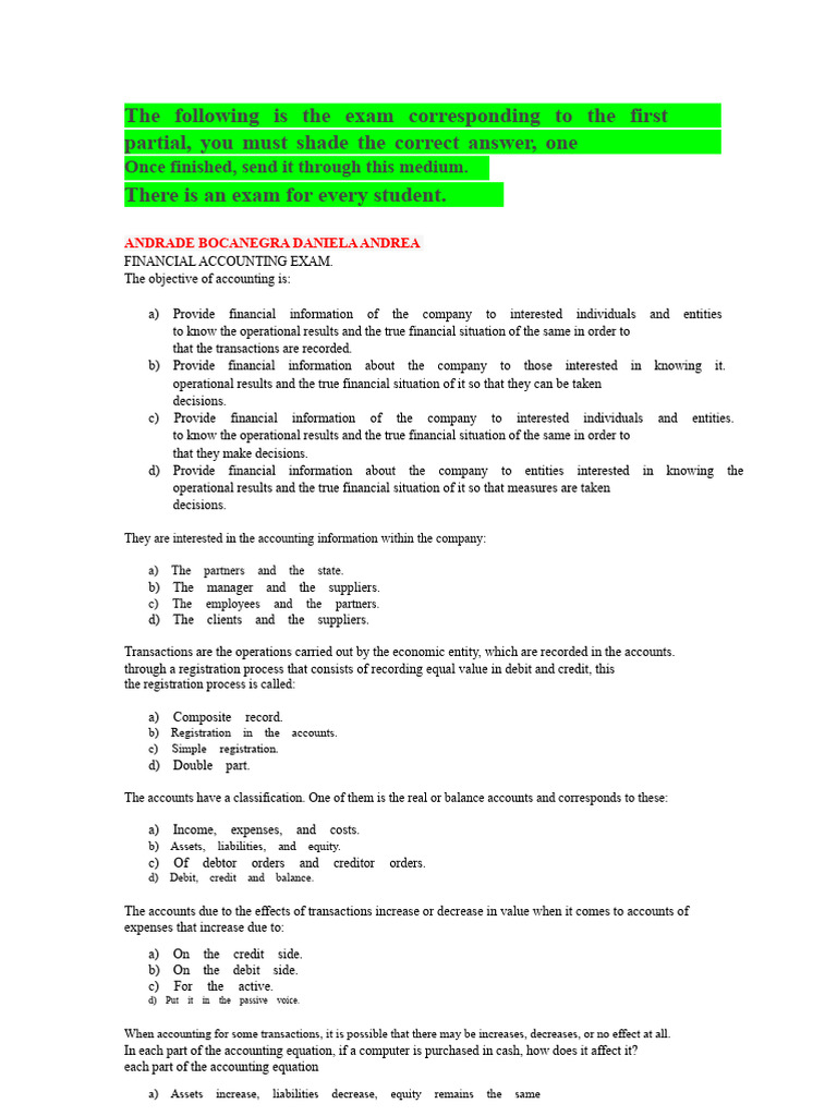 Financial Accounting Exam Questions | PDF | Debits And Credits | Equity ...