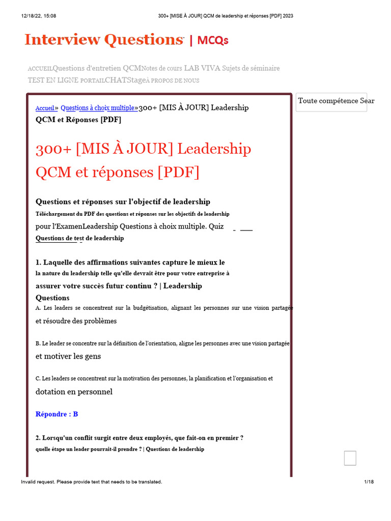 QCM Leadership : 300+ Questions et Réponses | PDF | Direction | Choix multiple