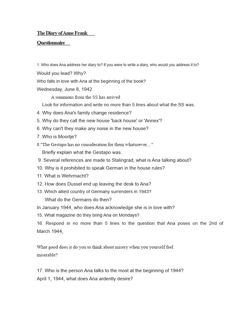 Anne Frank Diary Questionnaire Insights | PDF