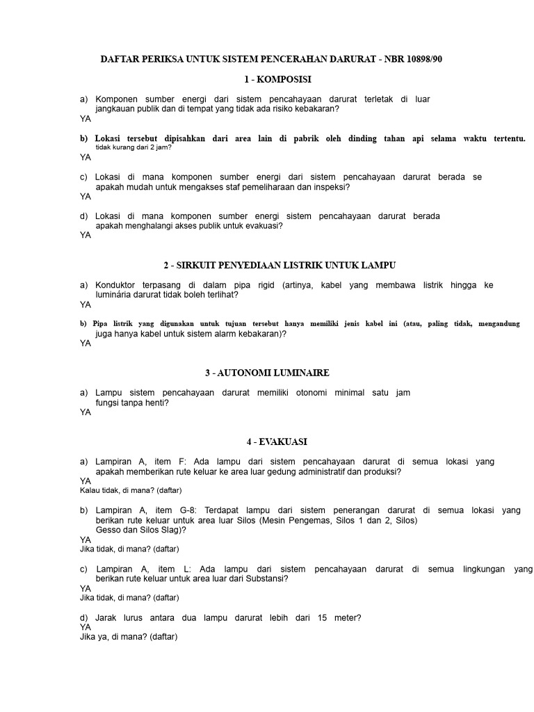 Daftar Periksa Pencahayaan Darurat NBR 10898 | PDF