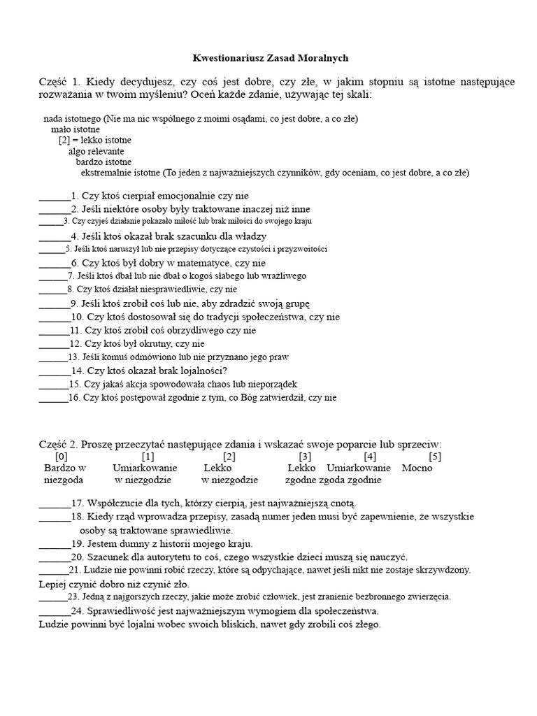 Kwestionariusz Zasad Moralnych | PDF
