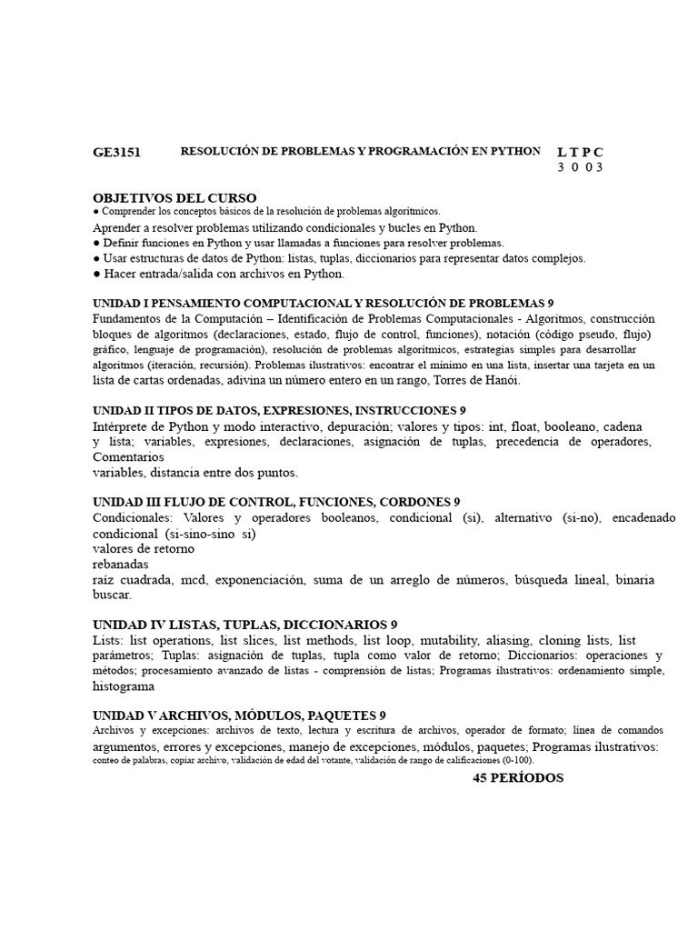 GE3151 PYTHON Sílabo | PDF | Python (lenguaje de programación) | Algoritmos