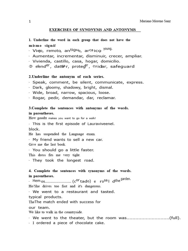 EXERCISES ON SYNONYMS AND ANTONYMS - Mariano Moreno Sanz | PDF ...