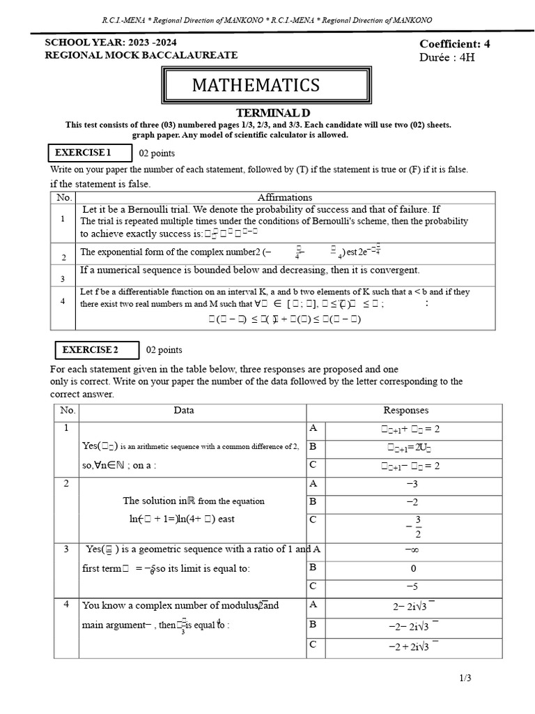 Maths Mock BAC TLE D 23-24 - Final | PDF | Function (Mathematics ...