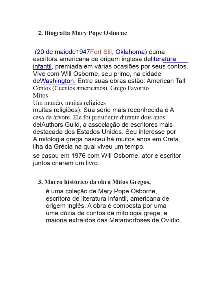 Biografia Mary Pope Osborne | PDF | Mitologia grega