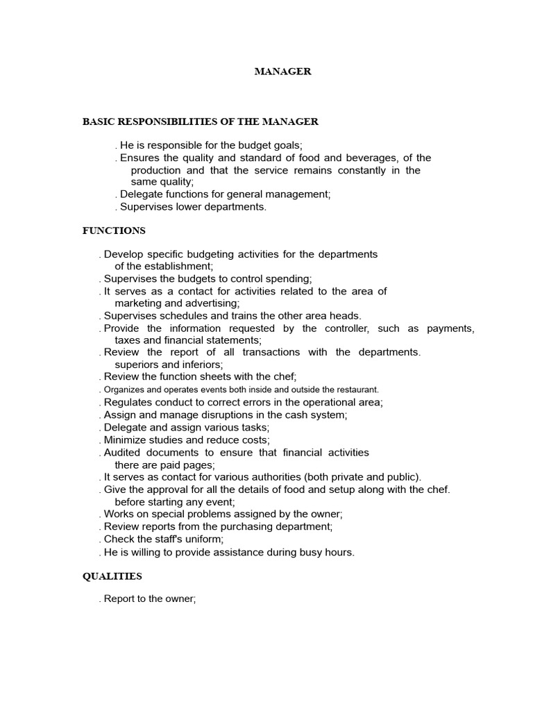 Manager Responsibilities in Restaurant Operations | PDF | Chef ...