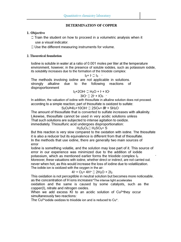 DETERMINATION OF COPPER - Quantitative Chemical Analysis | PDF | Iodine ...