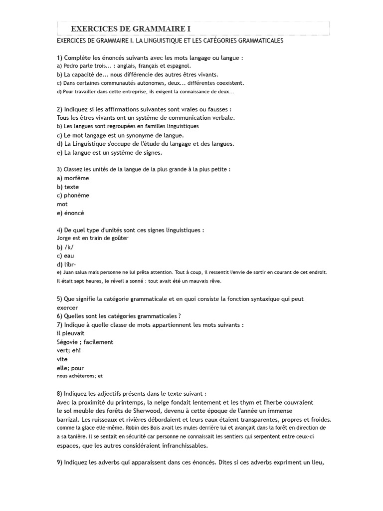 Exercices de grammaire en linguistique | PDF | Nature (grammaire) | Verbe