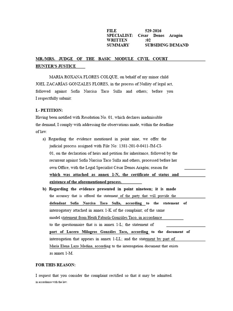 Remedy Demand (Nullity of Legal Act) | PDF | Complaint | Annulment