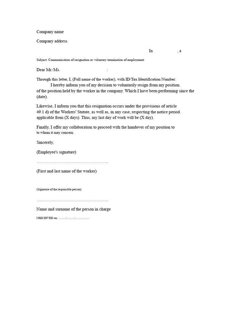 Model Letter of Voluntary Resignation With Notice | PDF