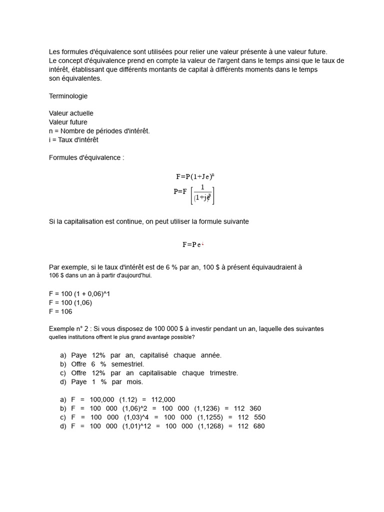 Formules d'Équivalence Financière | PDF | Investir | Secteur privé