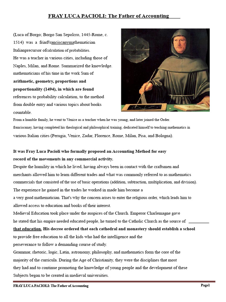FRAY LUCA PACIOLI - The Father of Accounting - Double Entry Method ...