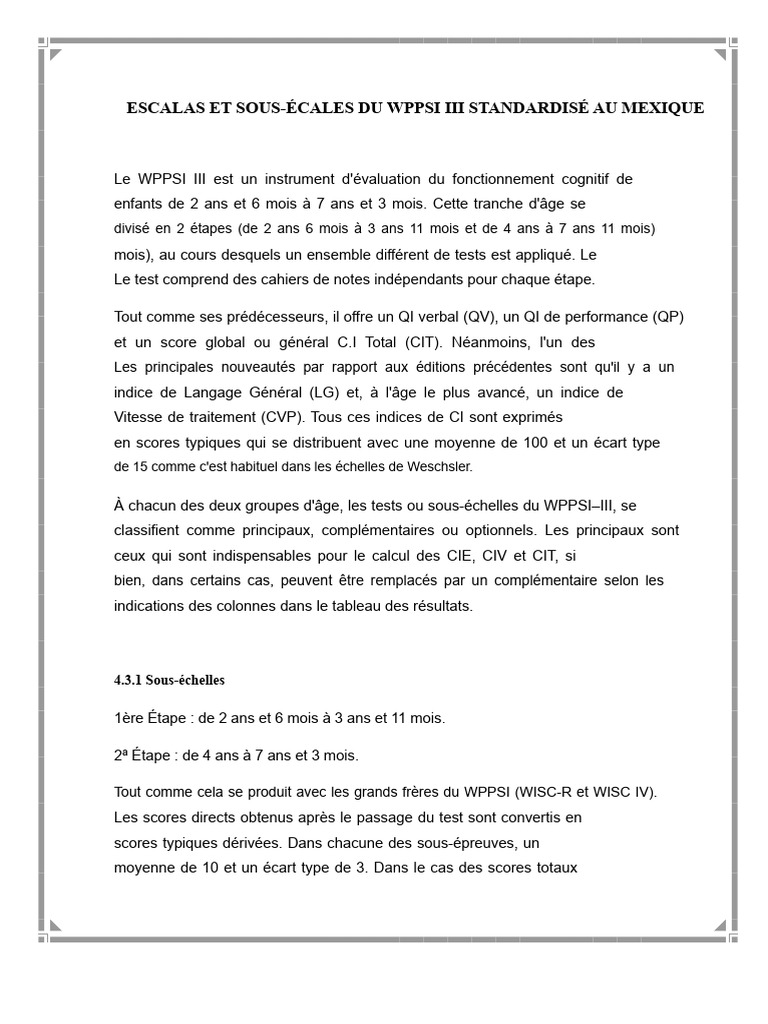 WPPSI III : Échelles et Sous-Échelles | PDF | Attention | Mémoire