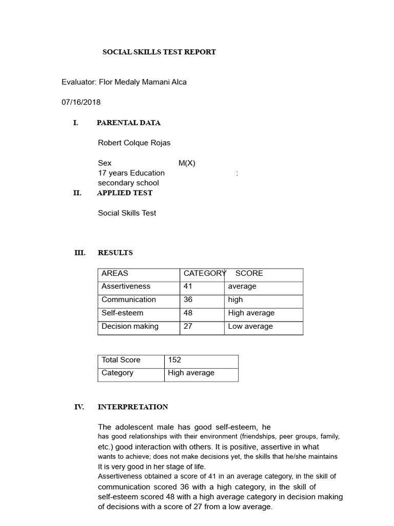 Report On Social Skills Test | PDF | Adolescence | Social Skills