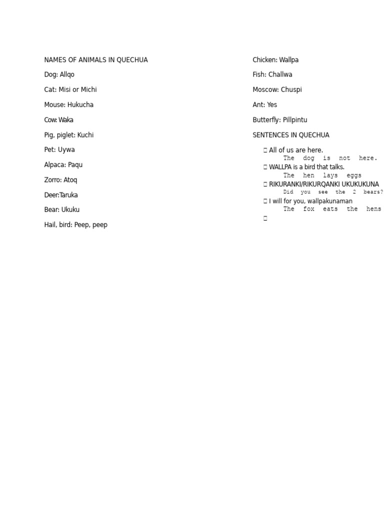 Names of Animals in Quechua | PDF