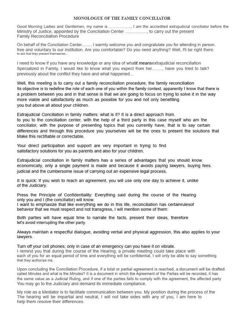 Model of The MONOLOGUE OF THE CONCILIATOR in Family | PDF | Conflict ...