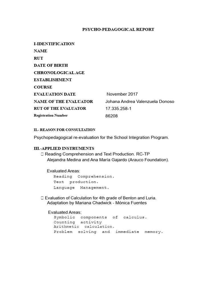 Psychopedagogical Report Benton Test and CLPT | PDF | Average | Reading ...