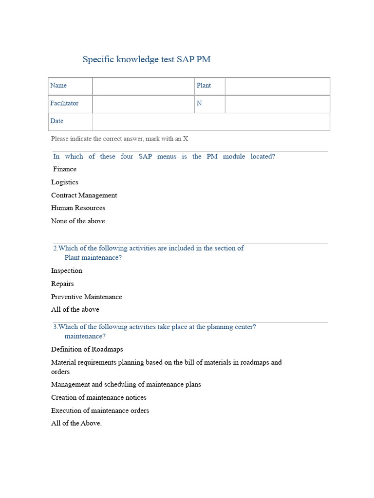SAP PM Knowledge Assessment Test | PDF