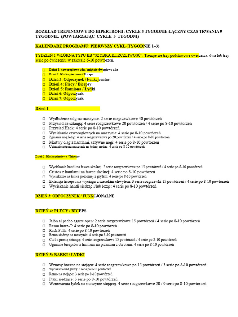 ELITE Y3T RUTYNA TRENINGOWA NA HIPERTROFIĘ 9 TYGODNI.docx | PDF