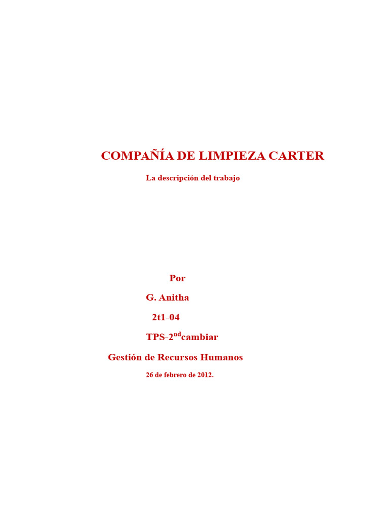 Descripción Del Trabajo de Carter Cleaning Company (G.anitha, 2t1-04 ...
