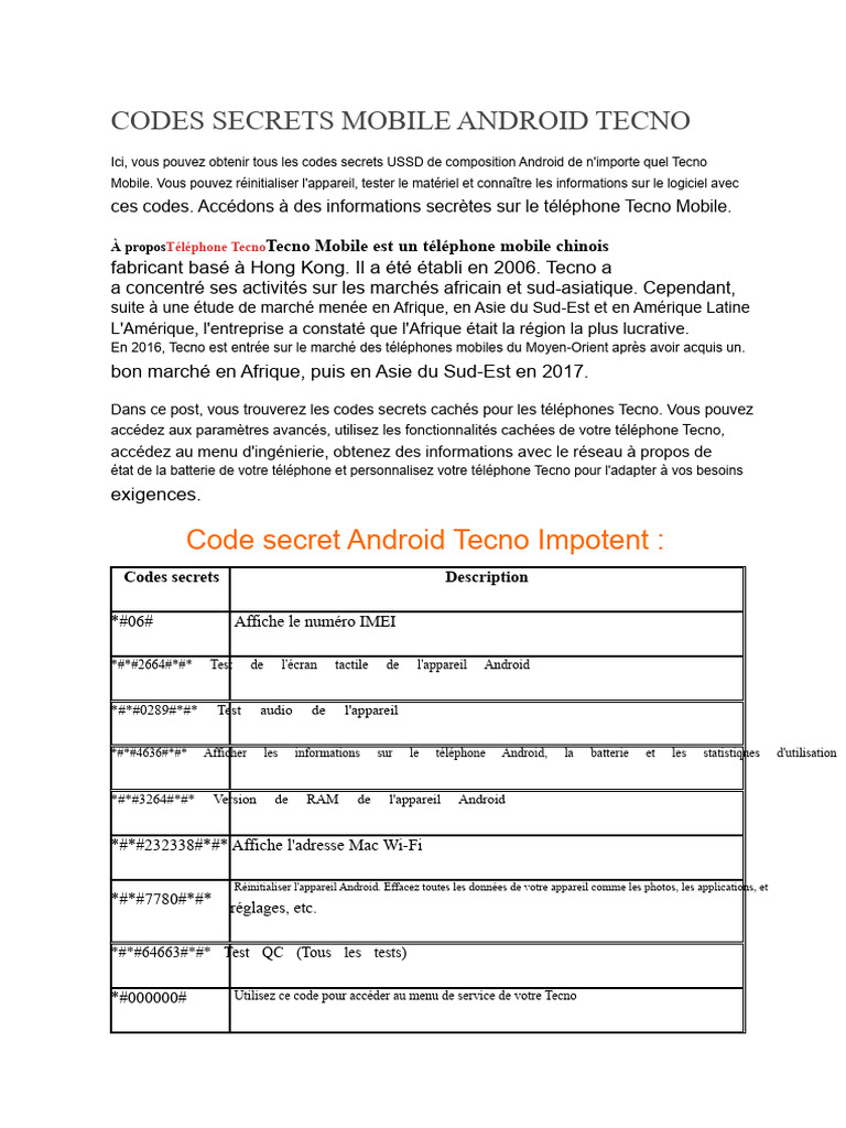 Codes Secrets pour Téléphones Tecno | PDF | Android (Système d ...
