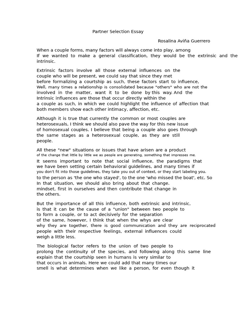 Partner Selection Essay | PDF | Marriage | Psychology