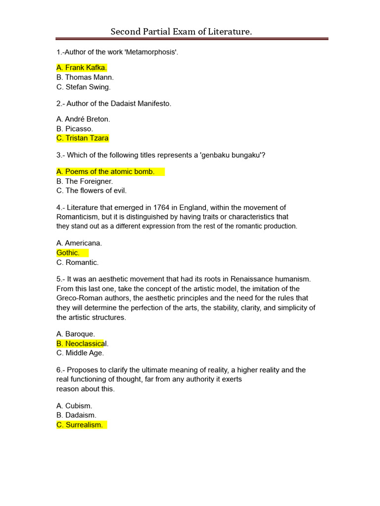 Second Partial Exam of Literature. | PDF | Romanticism | Realism (Arts)