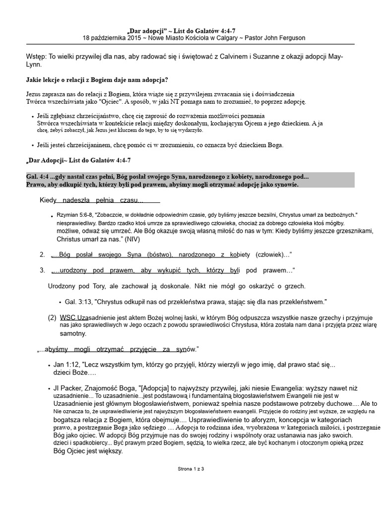 Notatki Z Kazania: "Dar Adopcji" (Galacjan 4:4-7) | PDF