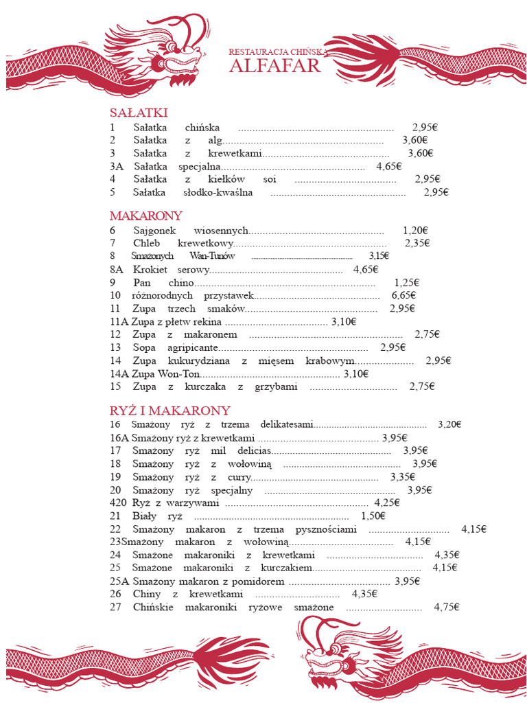 Lista Potraw Restauracji Chińskiej Alfafar | PDF