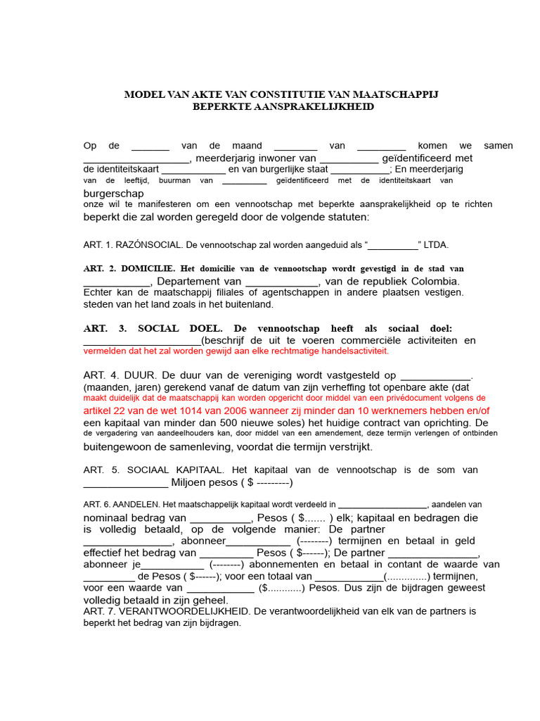 Model van Akte van Oprichting van een Besloten Vennootschap | PDF