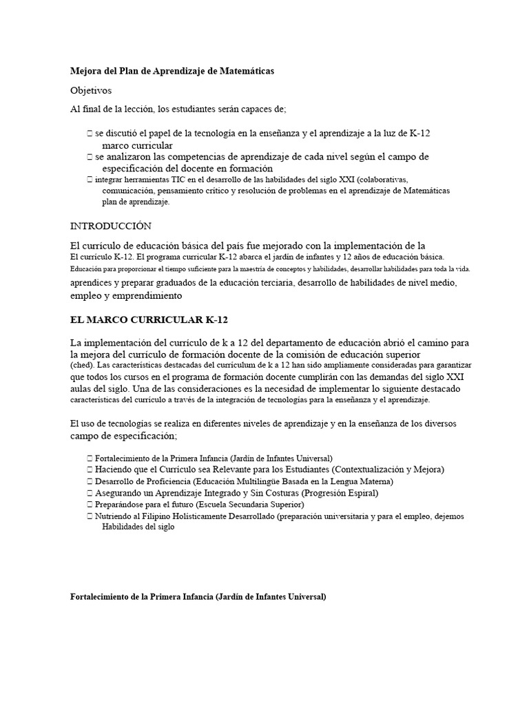 Mejora Del Plan de Aprendizaje de Matemáticas | PDF | Plan de estudios ...