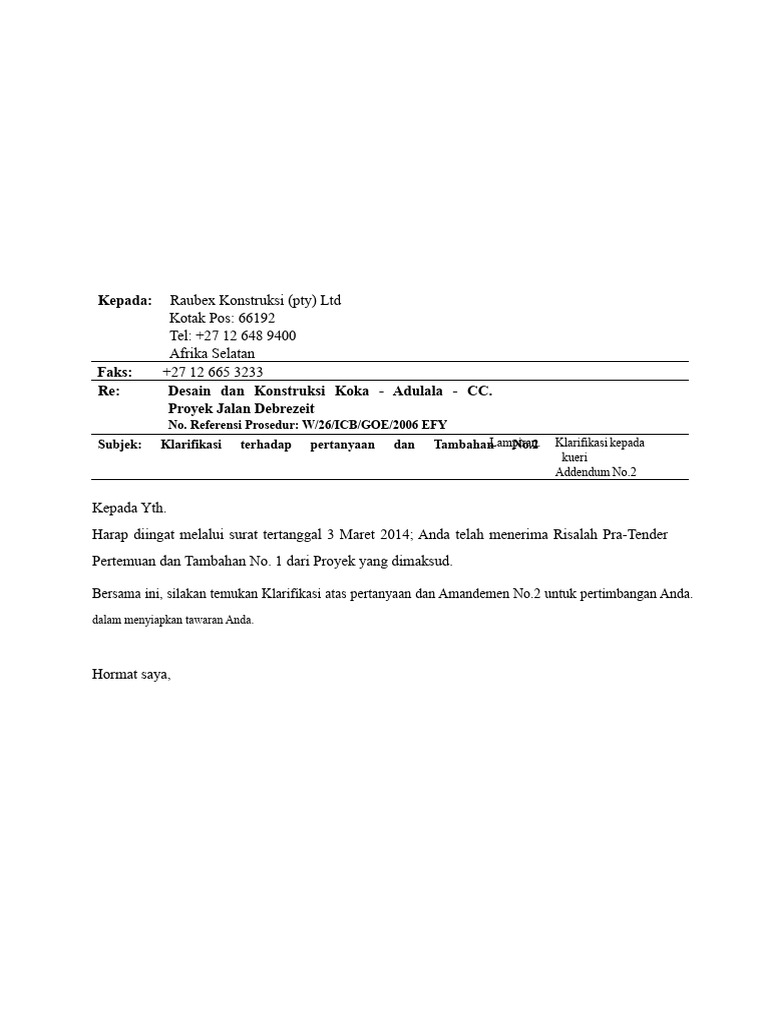 Klarifikasi Addendum No.2 Proyek Jalan Debrezeit | PDF