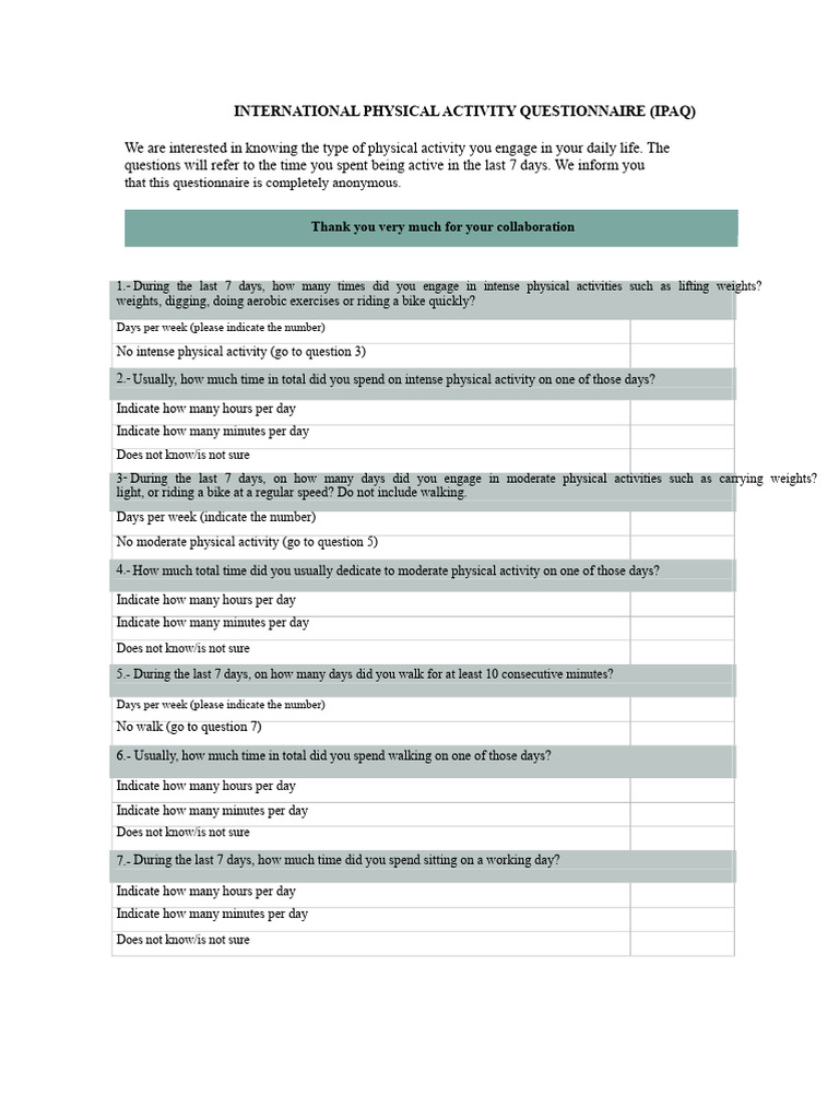 INTERNATIONAL PHYSICAL ACTIVITY QUESTIONNAIRE (IPAQ) | PDF | Physical Fitness