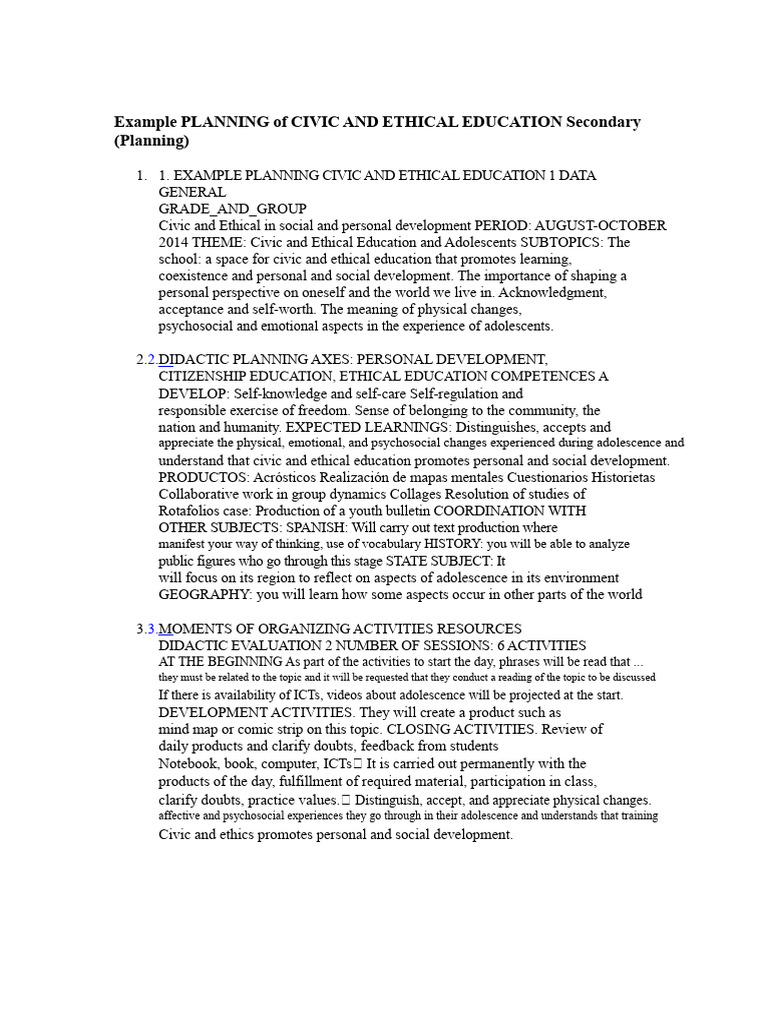 Example Planning of Civic and Ethical Education For Secondary School ...