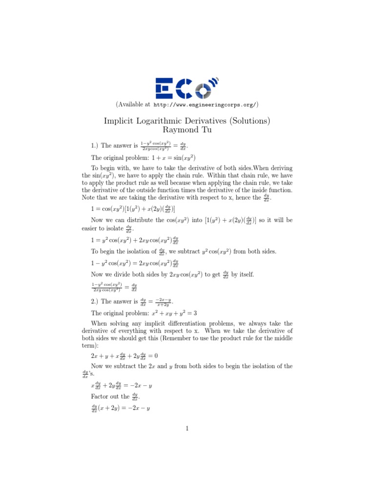 Exercise 01 Implicit Differentiation (Solutions) | PDF | Logarithm | Complex Analysis