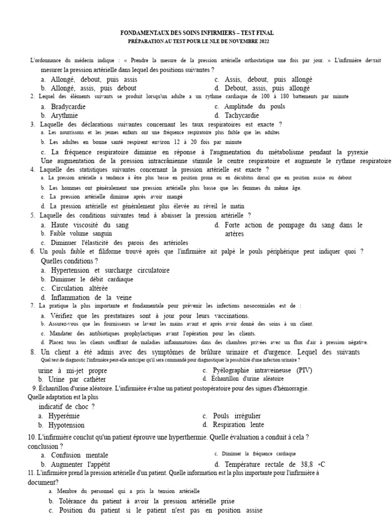 Test Final Soins Infirmiers NLE 2022 | PDF | Tension artérielle | Urine