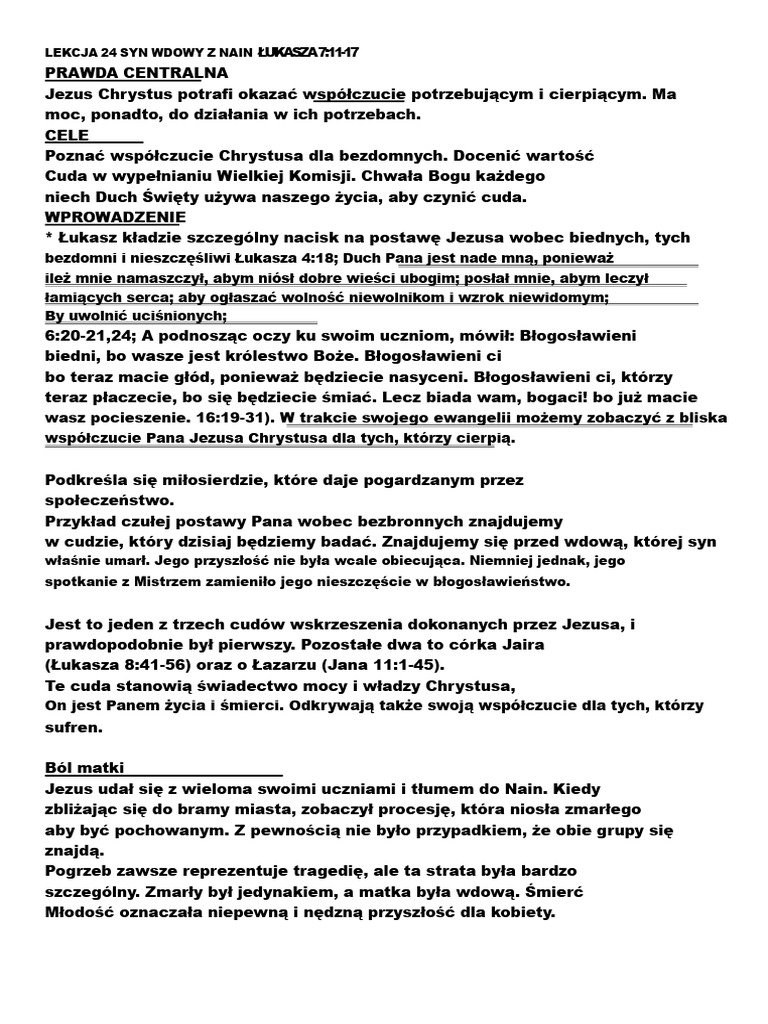 Lekcja 24 Syn Wdowy Z Nain Łukasza 7 | PDF