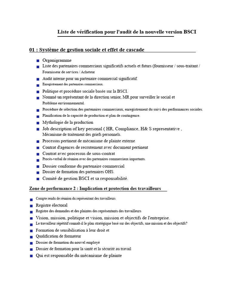 Audit BSCI : Checklist de conformité sociale | PDF | Audit ...
