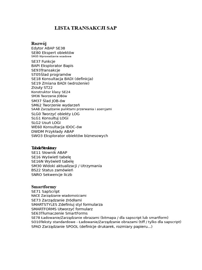 Lista Transakcji SAP | PDF