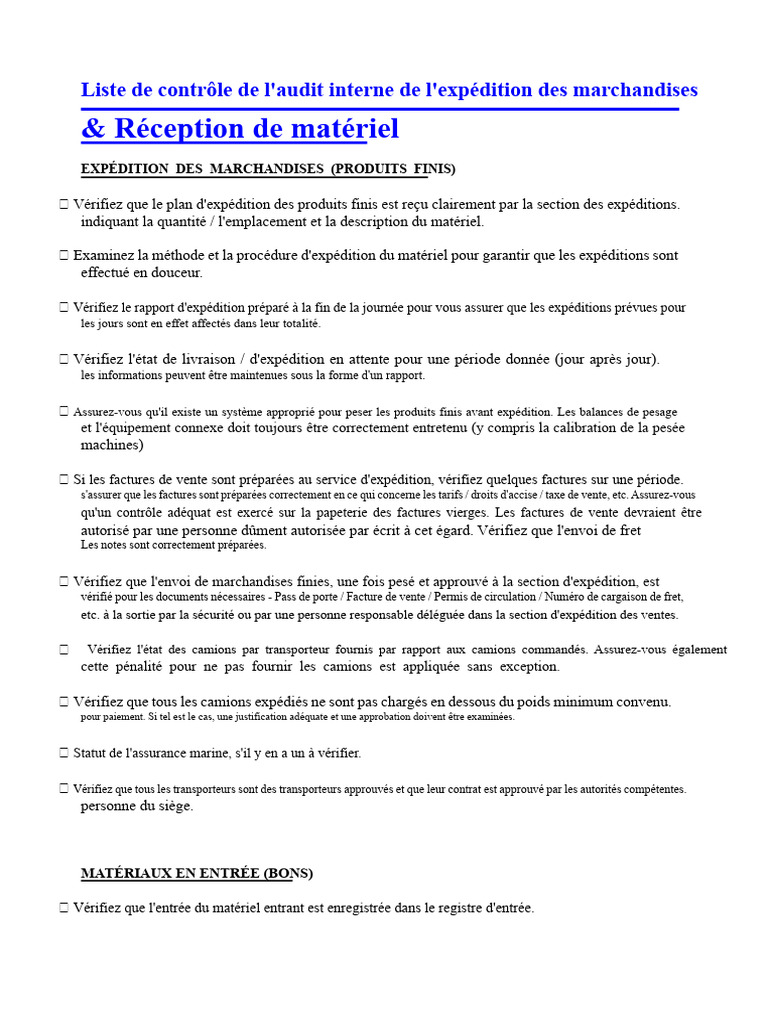Liste de Vérification Pour L'expédition de Marchandises Et La Réception ...