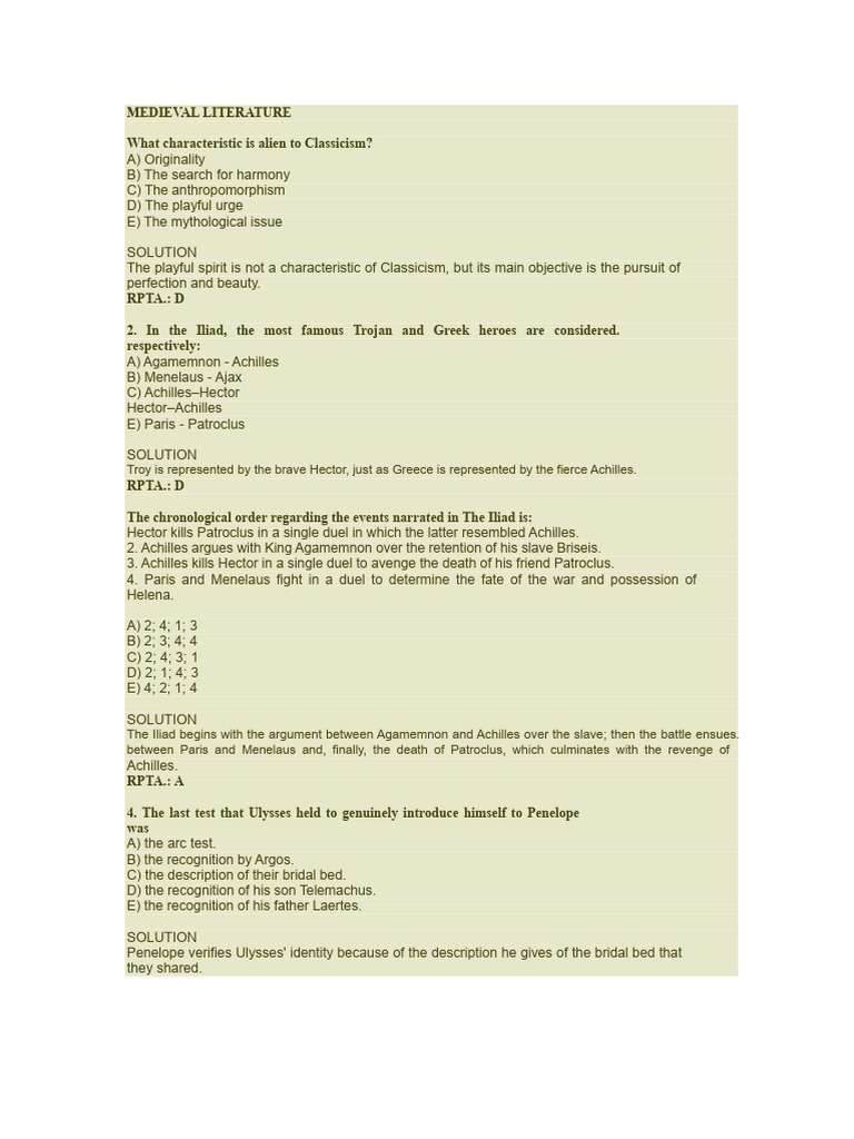 Weekly Questions Medieval Literature | PDF | Iliad | Hector