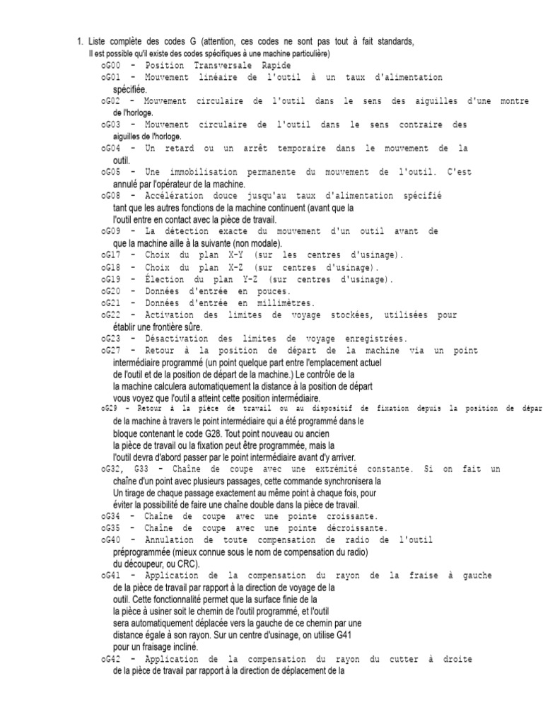 Codes G CNC : Liste complète et explications | PDF | Usinage | Perçage
