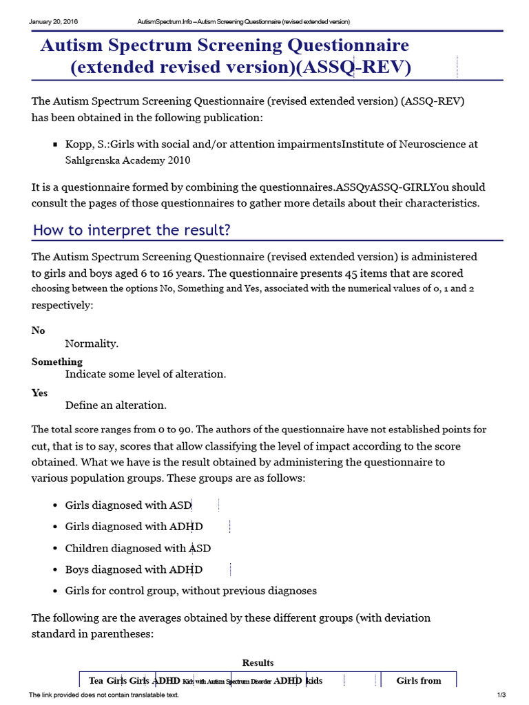 ASSQ-REV Screening Questionnaire For Autism Spectrum | PDF | Autism | Attention Deficit ...