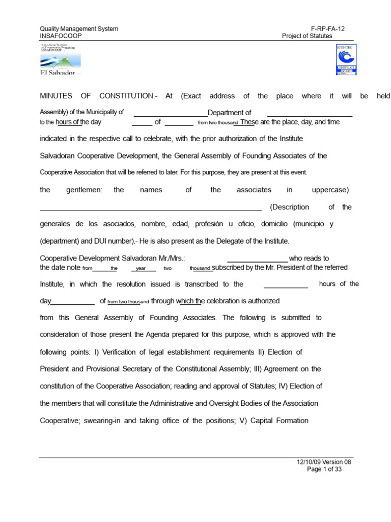 Founding Assembly Minutes for Cooperative | PDF | Board Of Directors ...