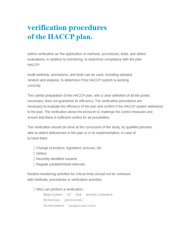 Verification Procedures of The HACCP Plan Review | PDF | Verification And Validation | Audit